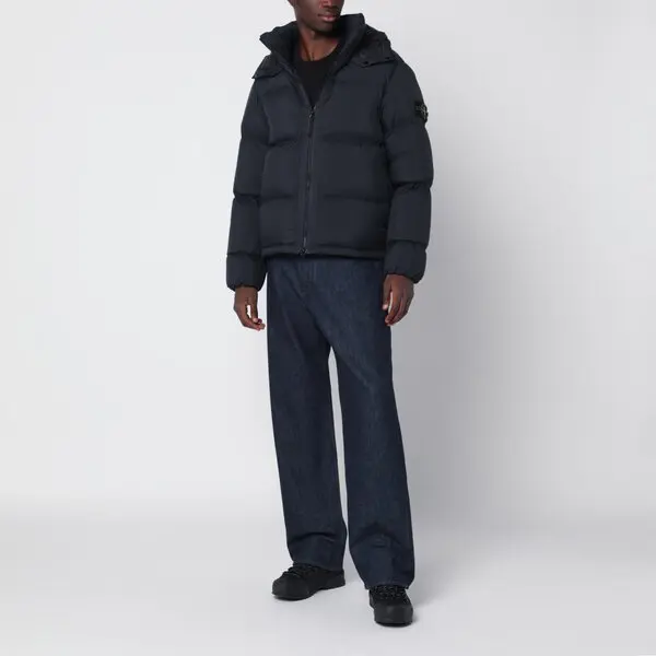 Stone Island Navy Zip-up Down Jacket In Ripstop Nylon - Blue