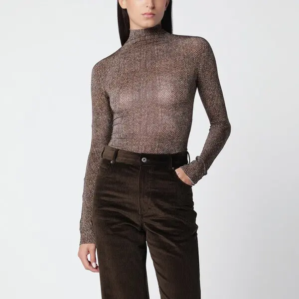 MAISON MARGIELA Brown Turtleneck Bodysuit With Herringbone Pattern - Beige
