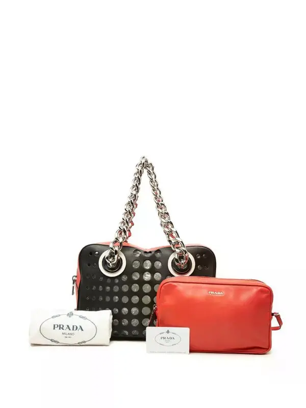 Prada 2013-2026 Perforated Leather City Fori Chain Handbag - Black