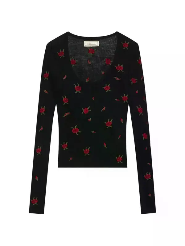 Blumarine Rose-embroidered Ribbed-knit Sweater