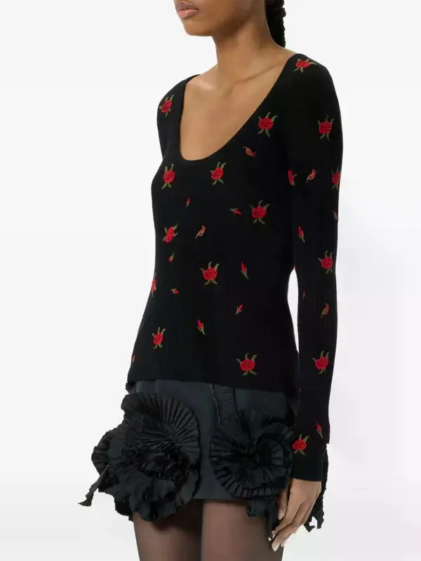 Blumarine Rose-embroidered Ribbed-knit Sweater