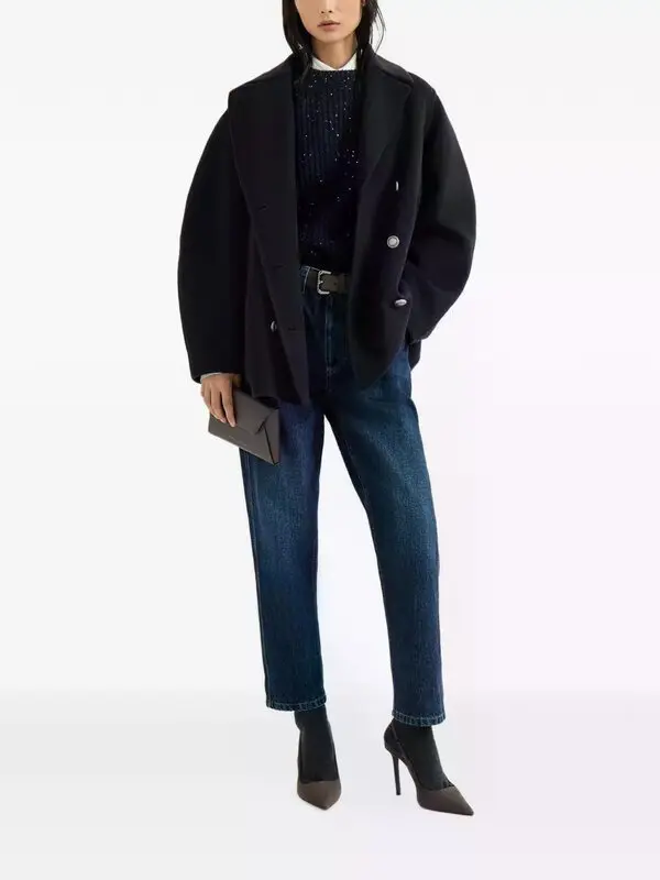 Brunello Cucinelli Hand-crafted Pea Coat In Virgin Wool And Cashmere Double Cloth With Monili - Blue