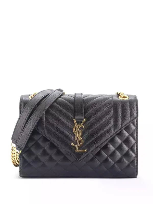 Saint Laurent Classic Monogram Envelope Satchel Mixed Matelasse Leather Medium Shoulder Bag - Black