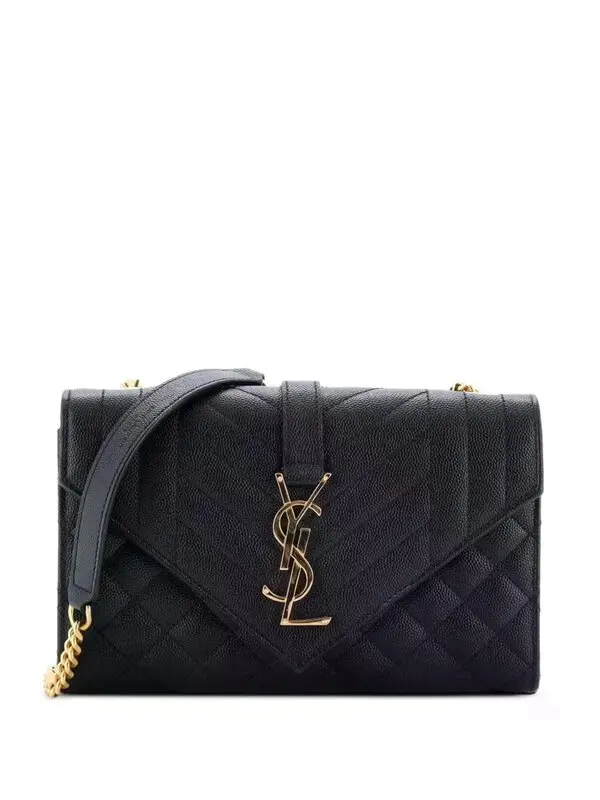 Saint Laurent Classic Monogram Envelope Satchel Mixed Matelasse Leather Small Crossbody Bag - Black
