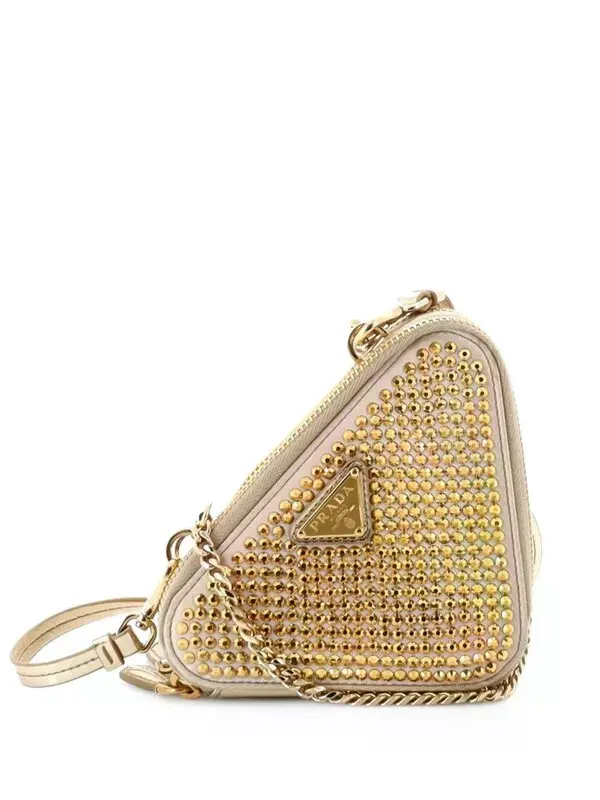 Prada Triangle Double Pouch Crystal Embellished Satin Mini Crossbody Bag - Gold