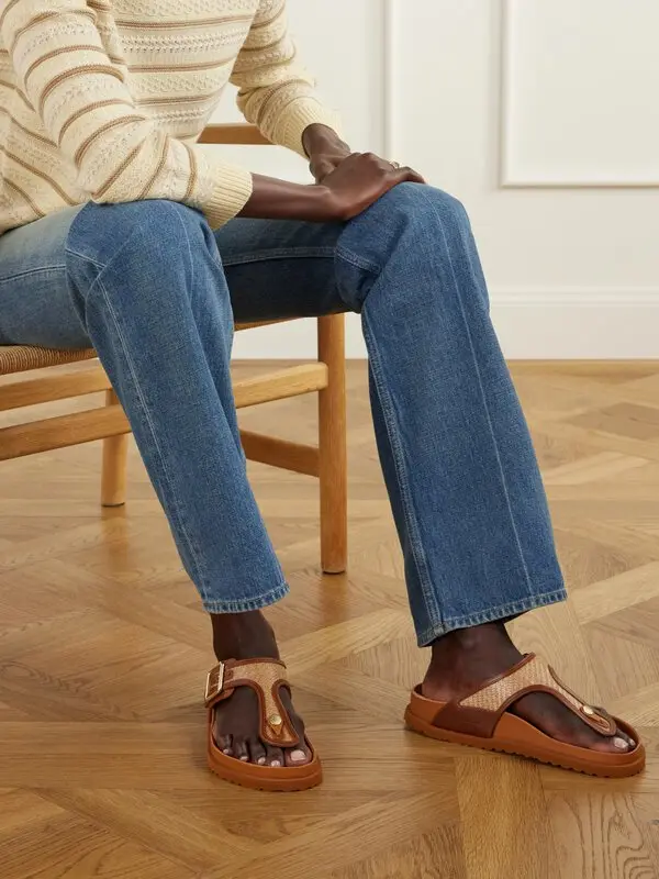 BIRKENSTOCK Gizeh Framed Leather-trimmed Raffia Sandals