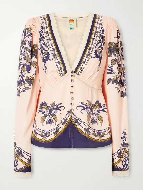 Farm Rio Liz Floral-print Lace-trimmed Crepe De Chine Blouse - Pink