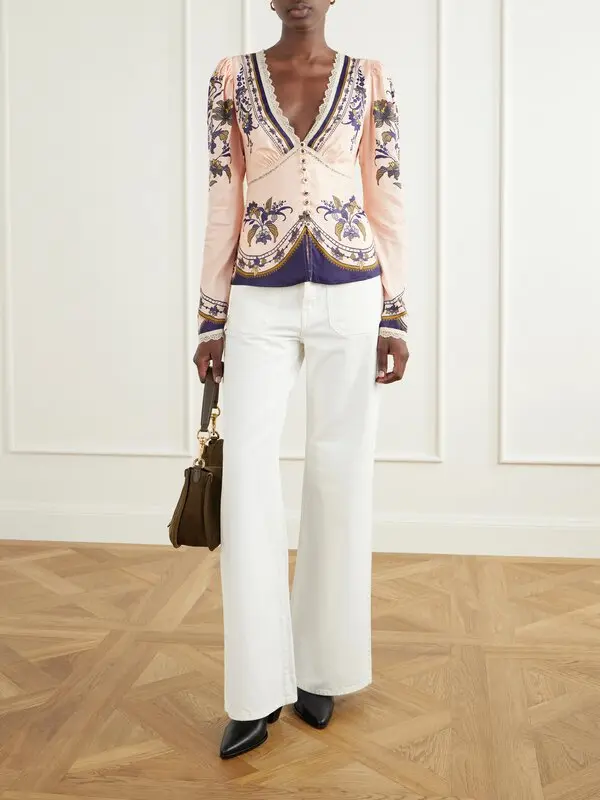 Farm Rio Liz Floral-print Lace-trimmed Crepe De Chine Blouse - Pink