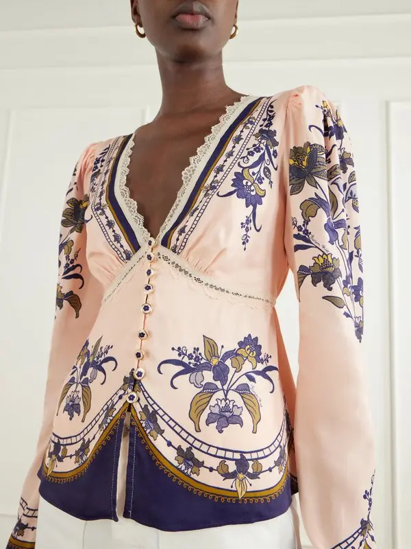 Farm Rio Liz Floral-print Lace-trimmed Crepe De Chine Blouse - Pink