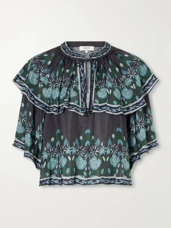 Sea Tulla Cape-detailed Printed Habotai Blouse - Blue
