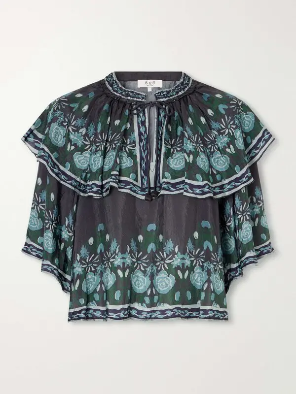 Sea Tulla Cape-detailed Printed Habotai Blouse