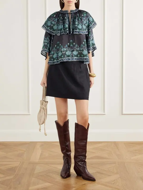 Sea Tulla Cape-detailed Printed Habotai Blouse
