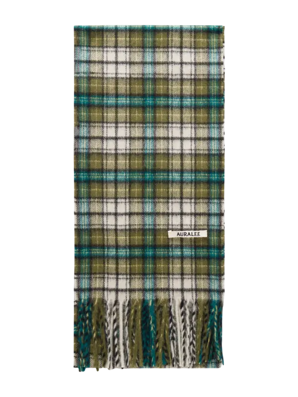 Auralee Fringed Checked Cashmere Scarf - Green