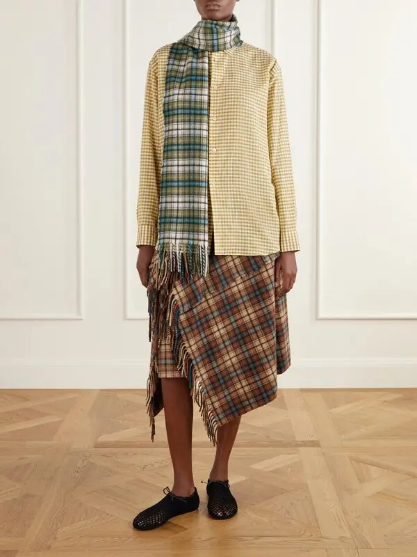 Auralee Fringed Checked Cashmere Scarf