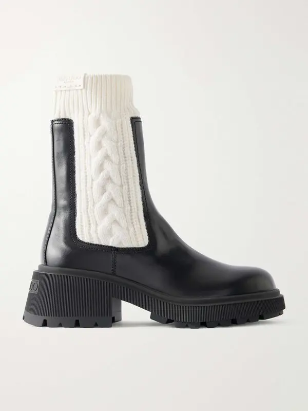 JIMMY CHOO Tamia Ribbed Cable-knit-trimmed Leather Ankle Boots