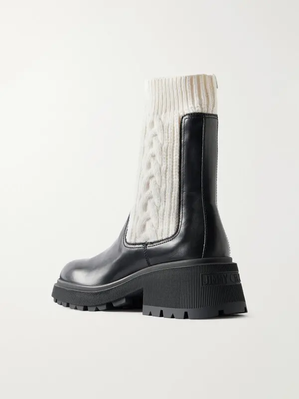 JIMMY CHOO Tamia Ribbed Cable-knit-trimmed Leather Ankle Boots