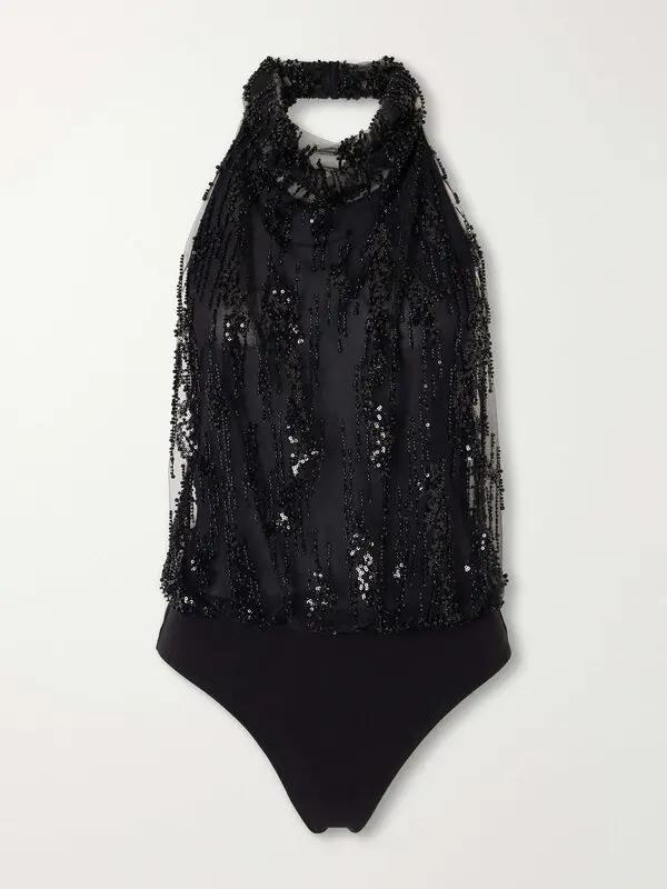 Staud Monay Flocked Bead-embellished Jersey Bodysuit