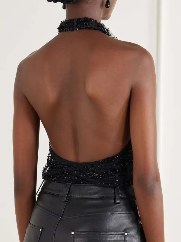 Staud Monay Flocked Bead-embellished Jersey Bodysuit