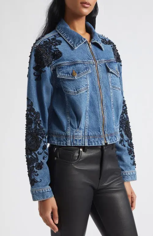 Ramy Brook Jannah Beaded Denim Jacket - Medium Cerulean