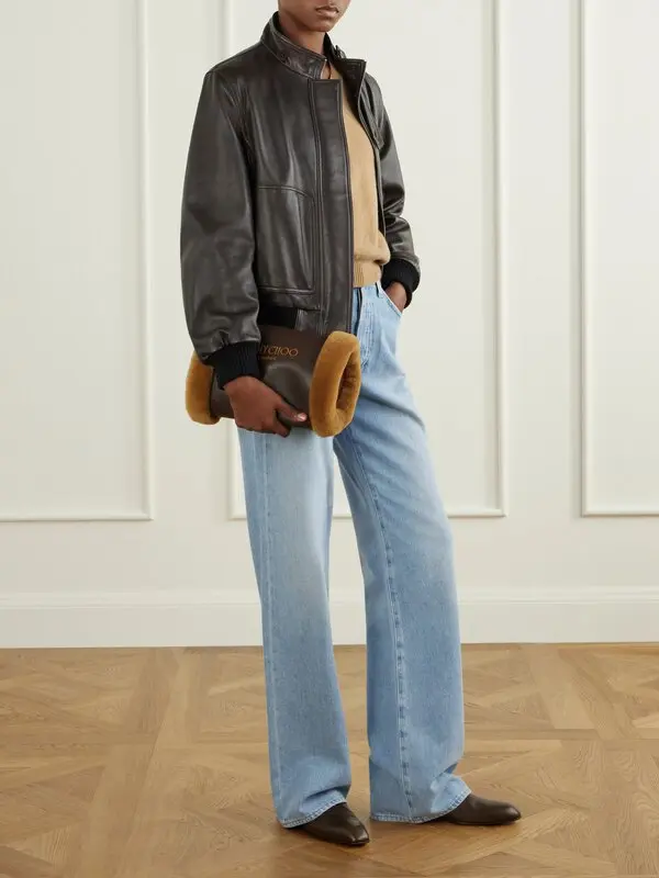 JIMMY CHOO Logo-embroidered Shearling-trimmed Leather Handwarmer