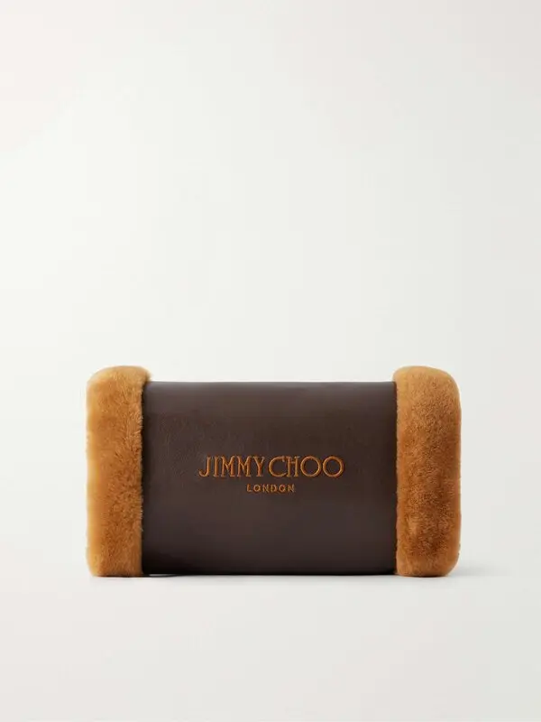 JIMMY CHOO Logo-embroidered Shearling-trimmed Leather Handwarmer