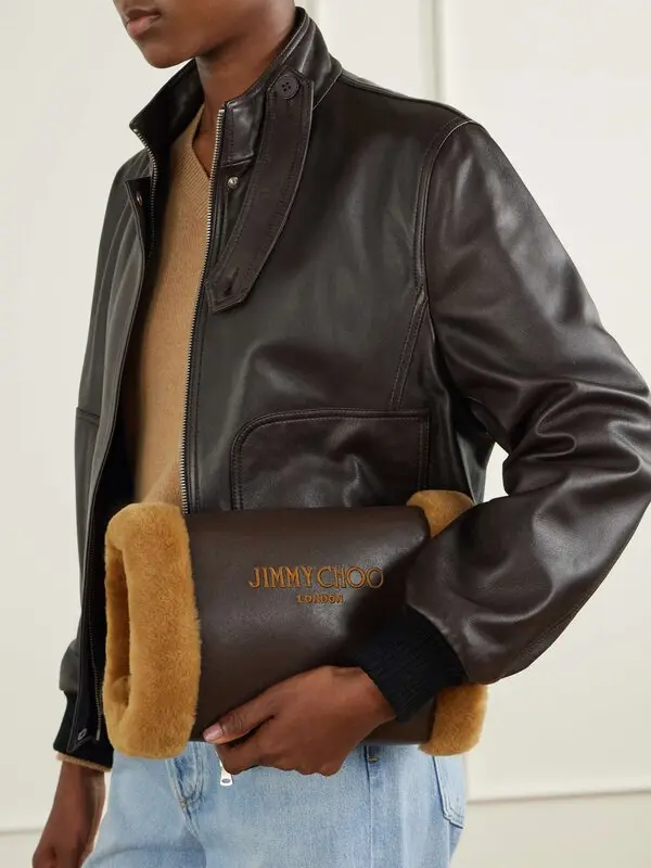 JIMMY CHOO Logo-embroidered Shearling-trimmed Leather Handwarmer