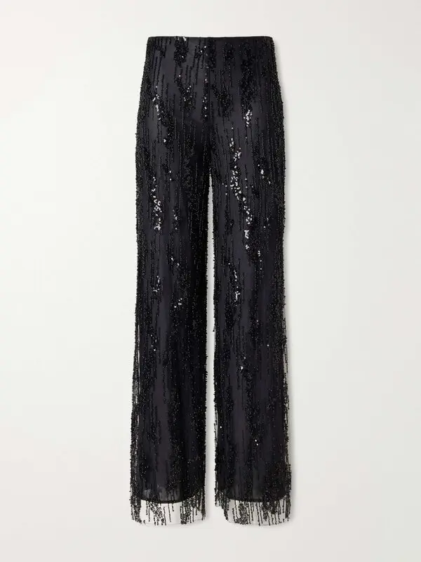 Staud Jayden Sequin-trimmed Organza Wide-leg Pants - Black