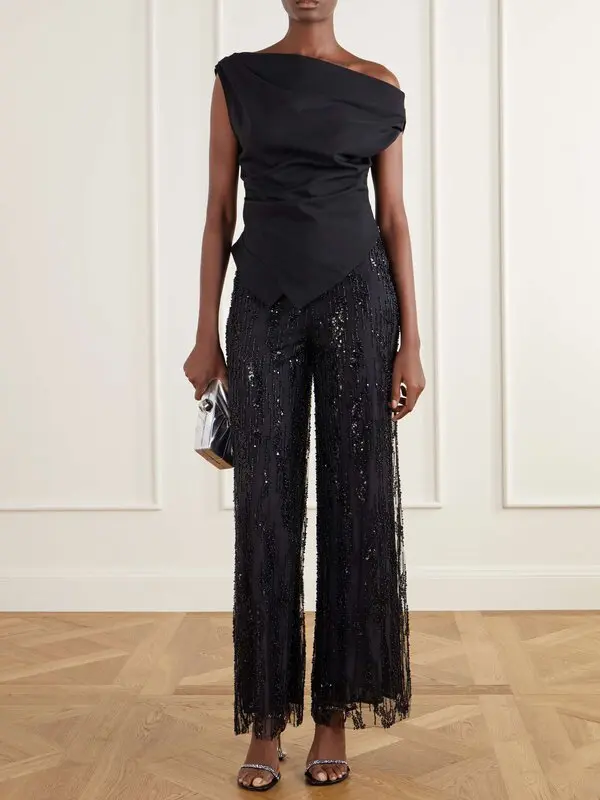 Staud Jayden Sequin-trimmed Organza Wide-leg Pants - Black