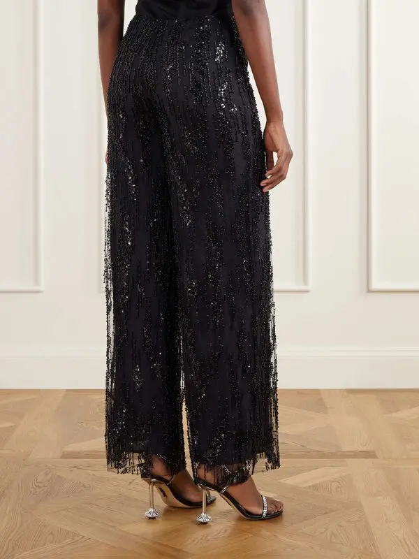 Staud Jayden Sequin-trimmed Organza Wide-leg Pants - Black