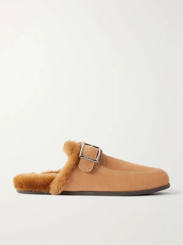 JIMMY CHOO Shearling-trimmed Suede Mules - Tan