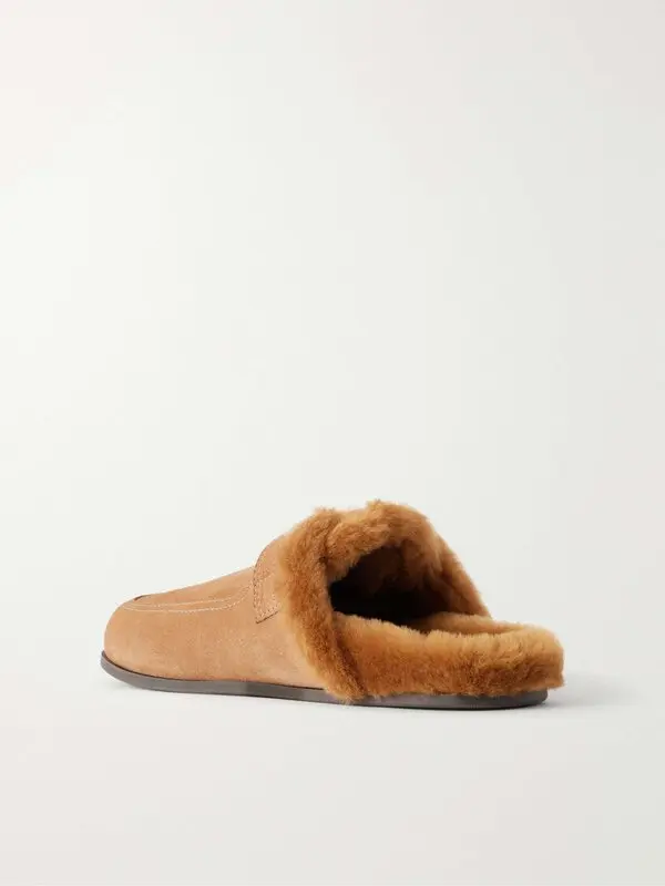 JIMMY CHOO Shearling-trimmed Suede Mules - Tan