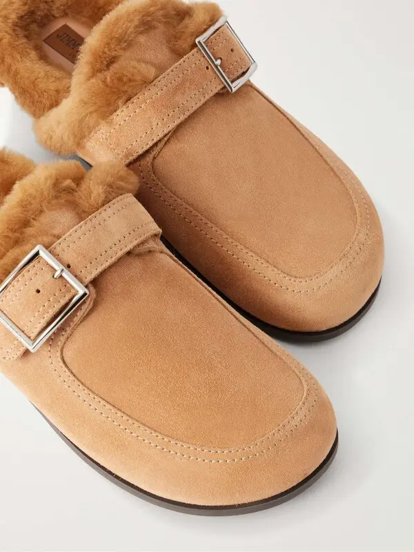 JIMMY CHOO Shearling-trimmed Suede Mules - Tan