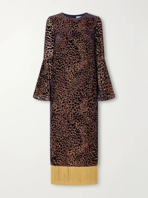 Borgo De Nor Astoria Fringed Leopard-jacquard Devoré Midi Dress - Brown