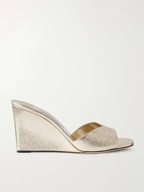 JIMMY CHOO Skye 85 Metallic Crinkled-satin Wedge Sandals