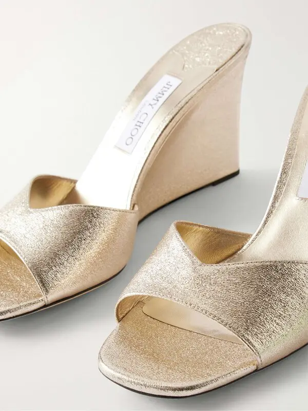 JIMMY CHOO Skye 85 Metallic Crinkled-satin Wedge Sandals