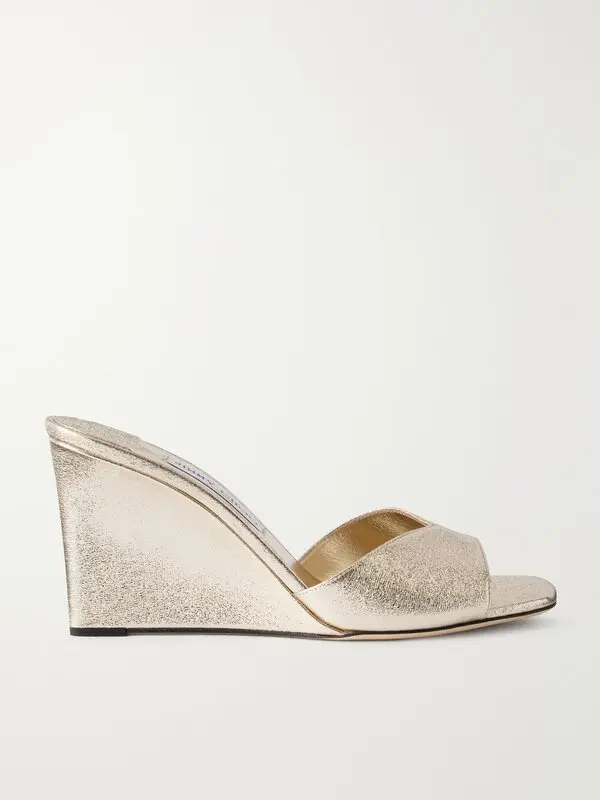 JIMMY CHOO Skye 85 Metallic Crinkled-satin Wedge Sandals