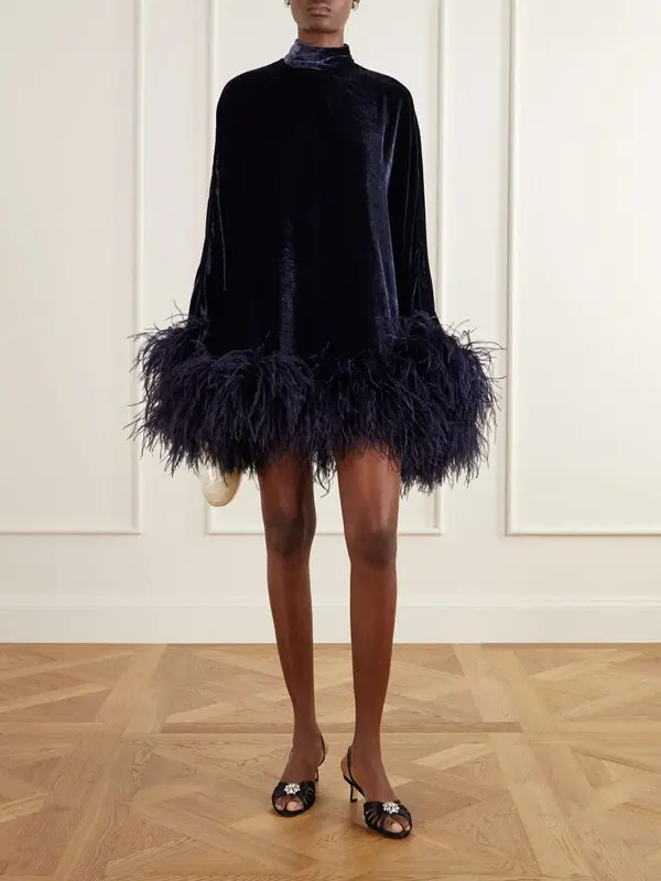 TALLER MARMO Vegas Feather-trimmed Velvet Mini Dress