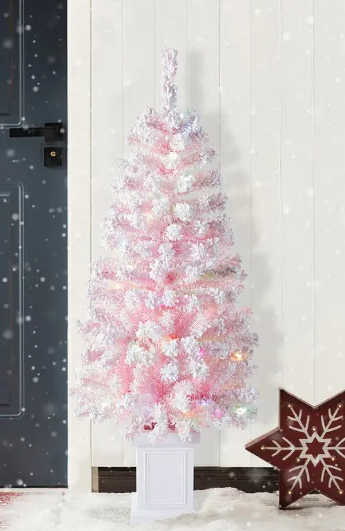 GLITZHOME 4ft Pre-lit Flocked Artificial Christmas Porch Tree With 100 Led Lights
