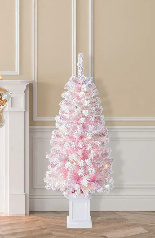 GLITZHOME 4ft Pre-lit Flocked Artificial Christmas Porch Tree With 100 Led Lights