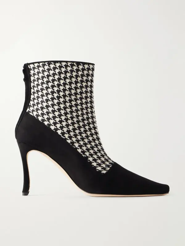 Manolo Blahnik Gosta 90 Houndstooth Wool And Suede Ankle Boots - Black