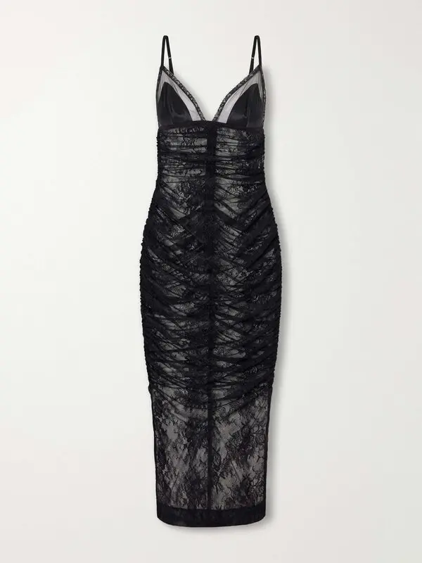 Dolce & Gabbana Gathered Satin-trimmed Chantilly Lace Midi Dress - Black