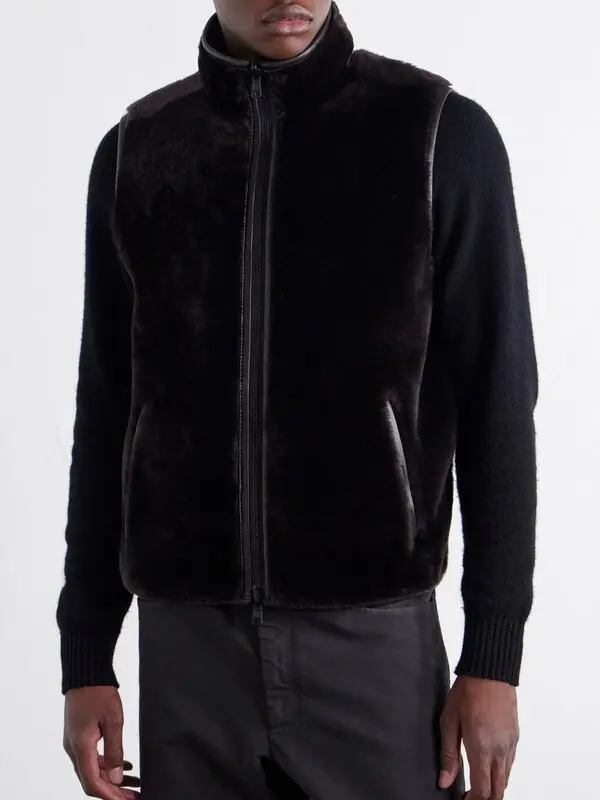 Moncler Rysfen Logo-appliquéd Leather-trimmed Shearling And Quilted Shell Down Gilet