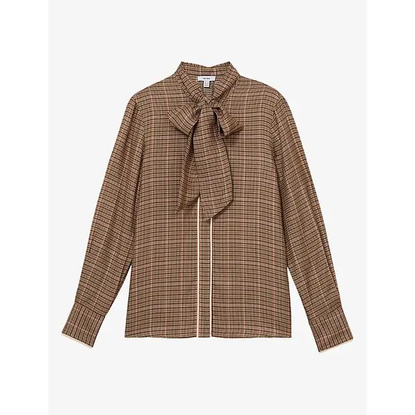 REISS Minnie Check Tie-neck Woven Blouse