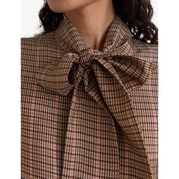 REISS Minnie Check Tie-neck Woven Blouse