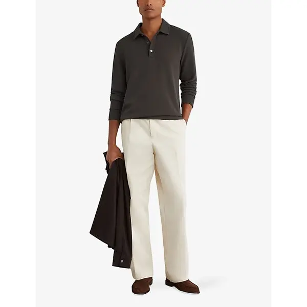 REISS Alba Long-sleeve Stretch-woven Polo - Brown