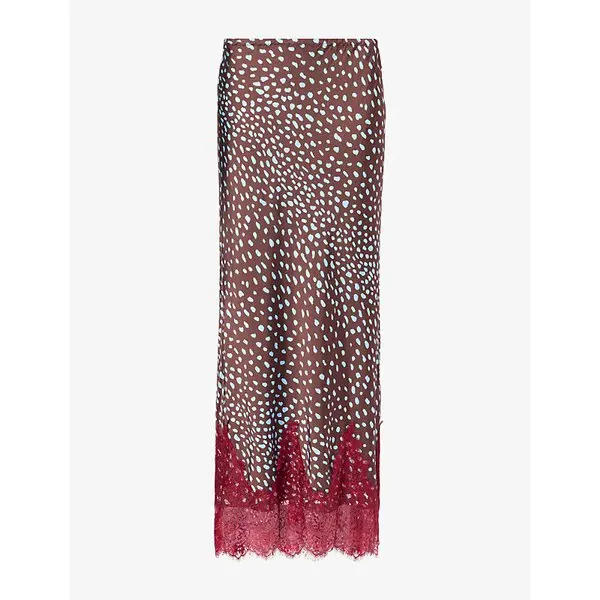 NEVER FULLY DRESSED Maeva Printed Satin Midi Skirt - Chocolate