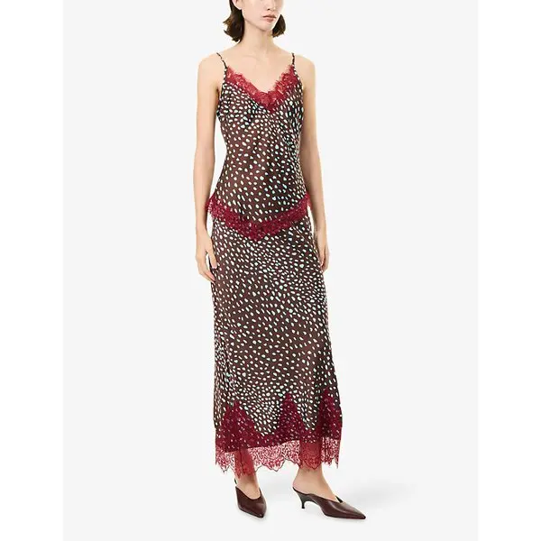 NEVER FULLY DRESSED Maeva Printed Satin Midi Skirt - Chocolate