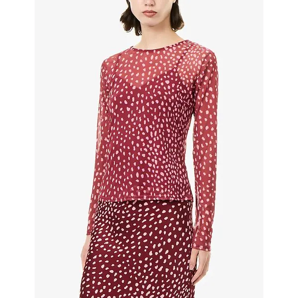 NEVER FULLY DRESSED Deer-print Sheer Mesh Top - Burgundy