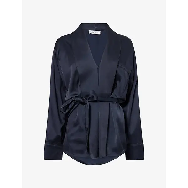 Victoria Beckham Alba Tie-belt Crepe-back Satin Blouse - Midnight