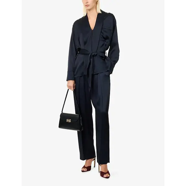 Victoria Beckham Alba Tie-belt Crepe-back Satin Blouse - Midnight